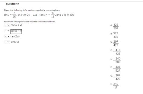 Solved Question 1 Given The Following Information Match The