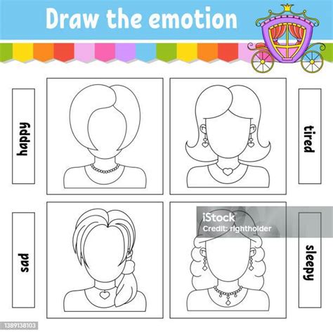 감정을 그립니다 워크시트는 얼굴을 완성합니다 아이들을위한 색칠 공부책 쾌활한 캐릭터 벡터 그림입니다 블랙 윤곽 실루엣 흰색 배경에 격리 교육에 대한 스톡 벡터 아트 및 기타