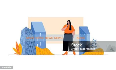 저널리즘 웹 개념 평면 만화 디자인에서 사람들 마이크를 든 여성 기자가 속보와 함께 텔레비전에서 일하고 있습니다 소셜 미디어