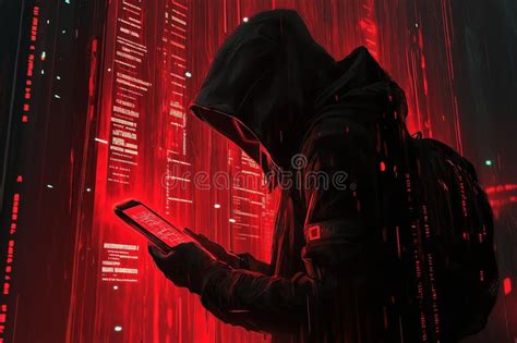 Hacker Using Smartphone To Commit Cyber Crime In Digital World Stock