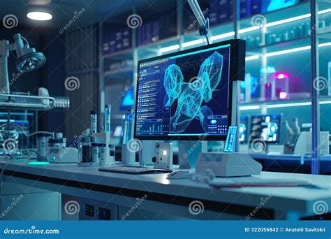a modern medical laboratory workspace featuring an ai powered diagnostic tool analyzing patient
