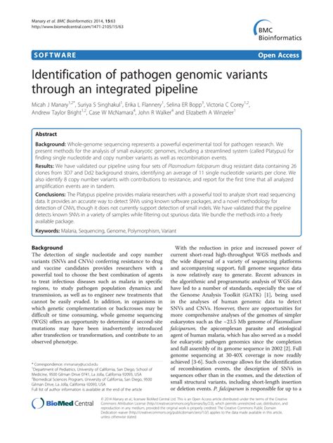 Pdf Identification Of Pathogen Genomic Variants Through An Integrated Pipeline