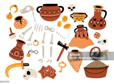 만화 고고학 고생물학 탐험대 고대 토기 공룡 골격 두개골과 뼈 굴착 장비 역사적 유물 벡터 고고학 요소 세트 개체 그룹에 대한 스톡 벡터 아트 및 기타 이미지 Istock