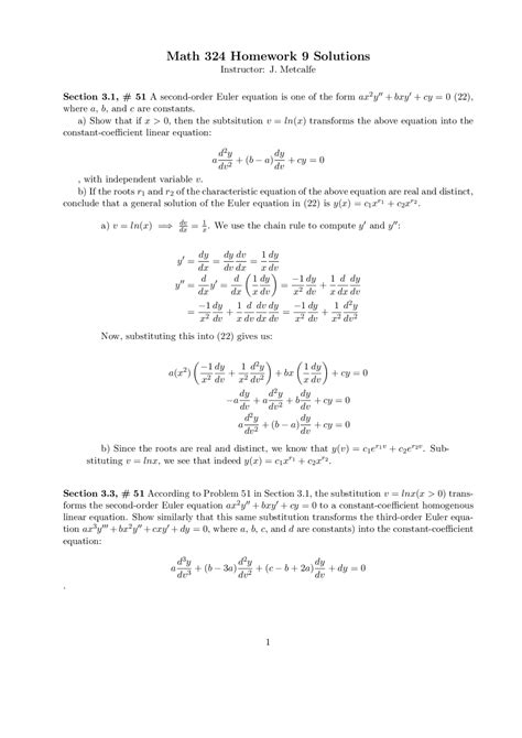 Homework 9 Solutions Elementary Differential Equations Math 524 Docsity