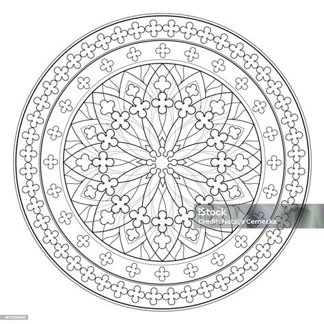 색칠 공부를 위한 흑백 페이지입니다 스테인드 글라스가 있는 아름 다운 고딕 양식의 장미 창문의 판타지 그림입니다 서유럽의 중세