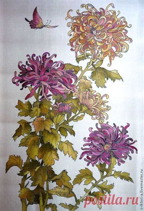 04 01 2016 ХризантемыПо мотивам китайских гравюр 60 40см Крепдешин Батик Картинки Постила