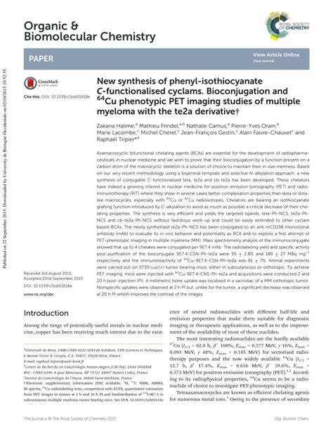 Pdf New Synthesis Of Phenyl Isothiocyanate C Functionalised Cyclams Bioconjugation And 64cu