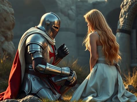 Crusader Knight Kneels Before Beatiful Lady