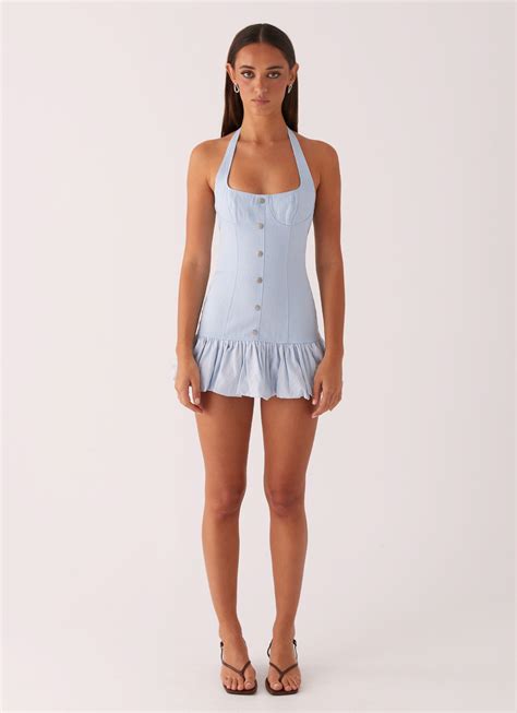 Georgina Denim Mini Dress Light Blue Peppermayo Uk