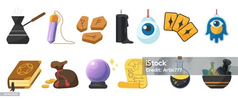 마법 요소 세트 마법사 또는 마녀 물약 수정 구슬 및 룬으로 미래를 예측합니다 가방에 대한 스톡 벡터 아트 및 기타 이미지 가방 개체 그룹 검은색 Istock