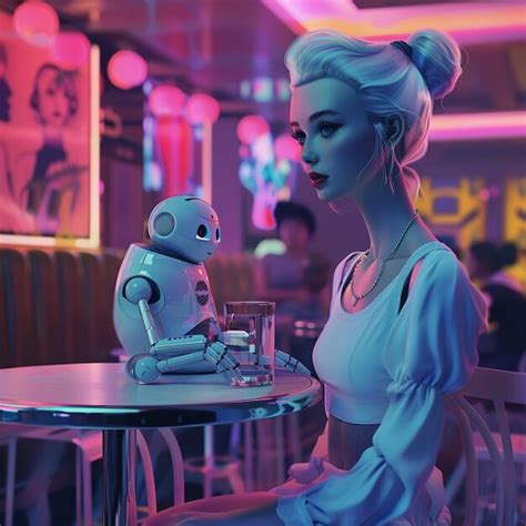 A Woman Sitting At A Table With A Robot Generative Ai Premium Ai Generated Image