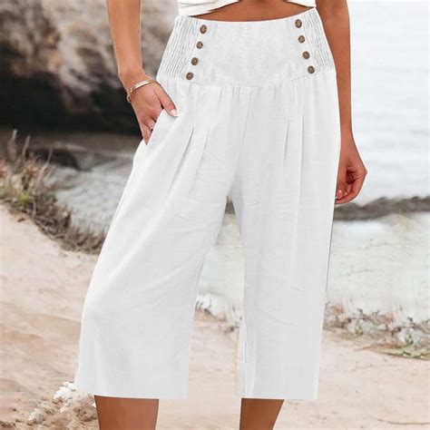 Nslgxd Linen Capri Pants For Women 2025 Casual Smocked High Waist Pants