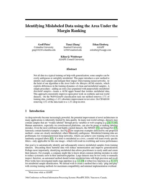 Pleiss 等 Identifying Mislabeled Data Using The Area Under T Pdf Sampling Statistics