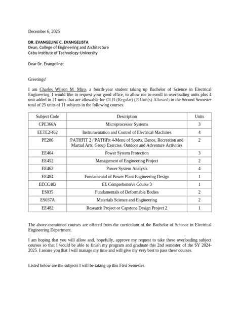 Letter Request For Overloading Second Semester Miro Pdf Science