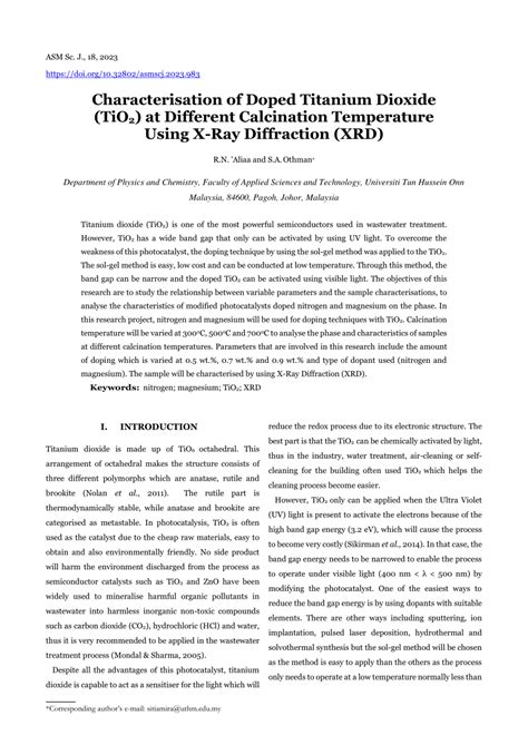 Pdf Characterisation Of Doped Titanium Dioxide Tio 2 At Different Calcination Temperature