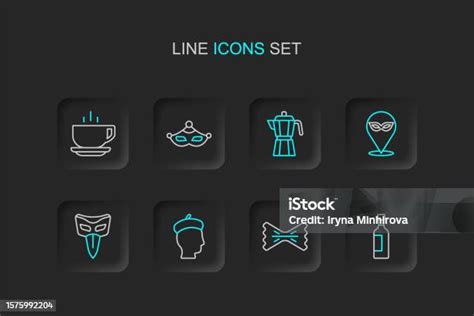 세트 라인 와인 한 병 마카로니 프랑스 남자 카니발 마스크 커피 메이커 모카 냄비 및 컵 아이콘 벡터 공연에 대한 스톡 벡터 아트 및 기타 이미지 Istock