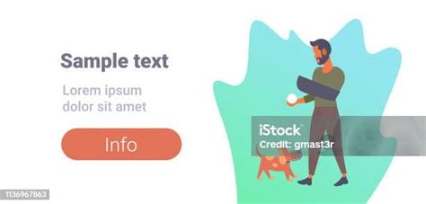 수염 남자 개 트레이너 지주 볼 착용 보호 손 남성 만화 캐릭터 전체 길이 평면 수평 복사 공간 강사에 대한 스톡 벡터 아트 및 기타 이미지 Istock