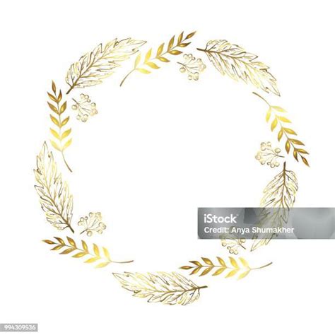 낙서 장과 잎 원형 프레임에 골든의 화 환 잎 디자인 엽서 인쇄 준비 템플릿입니다 0명에 대한 스톡 벡터 아트 및 기타 이미지 0명 고풍스런 곡선 Istock