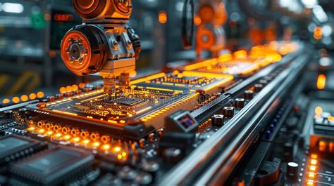 Manufacturing Orange Robots Perform Precision Work On Chip Production Stock Image Image Of