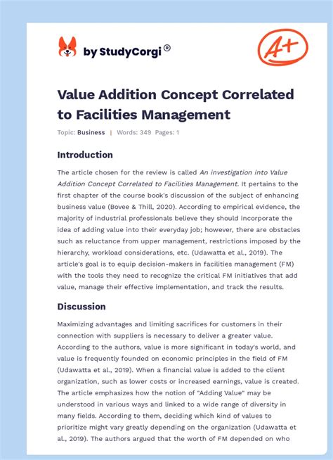 Value Addition Concept Correlated To Facilities Management Free Essay Example