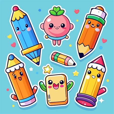 Cute Colorful Pencils And Other Objects In Cartoon Style With Adorable