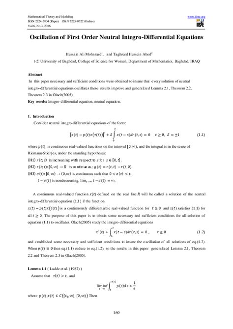 Pdf Oscillation Of First Order Neutral Integro Differential Equations Hussain Ali Mohamad