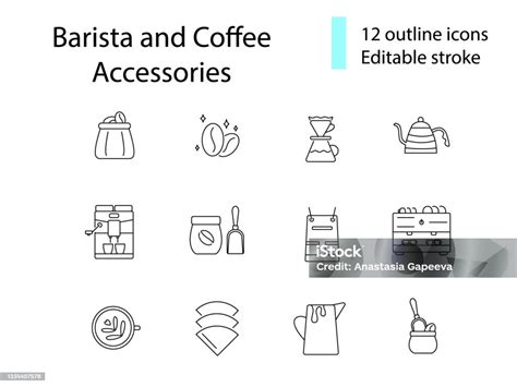 커피와 바리스타 어플라이언스 개요 아이콘 세트 구운 콩 편집 가능한 스트로크 격리된 벡터 스톡 일러스트레이션 개념에 대한 스톡 벡터 아트 및 기타 이미지 Istock