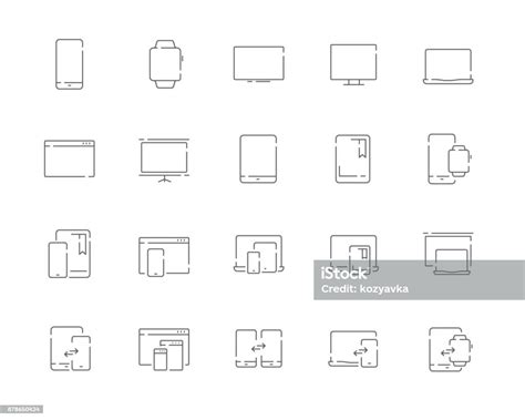 간단한 장치 벡터 선 웹 아이콘 설정합니다 휴대 전화 태블릿 데스크톱 시계 프로젝터 데스크톱 Tv과 같은 아이콘을 포함 E리더 및 더 많은 아이콘에 대한 스톡 벡터 아트 및