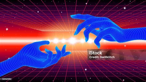 80 년대 네온과 그리드 스타일로 사이버 펑크 개념에 감동 손 인간과 기계 연결 신디웨이브 또는 증기파 그림 바둑판에 대한 스톡 벡터 아트 및 기타 이미지 Istock