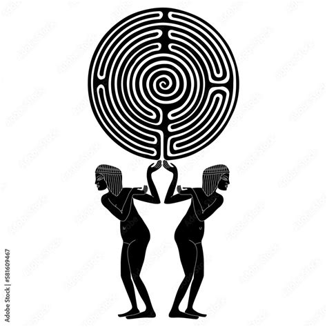 Two Naked Ancient Egyptian Girls Holding A Round Spiral Maze Or Labyrinth Symbol Mystery Of