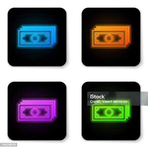 빛나는 네온 스택 종이 돈 현금 아이콘 흰색 배경에 고립 돈 지폐 스택 지폐 통화 검은색 사각형 단추입니다 벡터 일러스트 0명에 대한 스톡 벡터 아트 및 기타 이미지