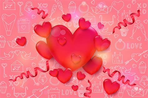 발렌타인 데이 배경 3d 빨간 하트와 손으로 그린 사랑 라인 아트 기호로 핑크 패턴에 뱀 밑그림입니다 해피 발렌타인 데이 하루 벡터입니다 텍스트를 위한 공간 14에 대한