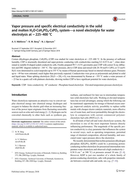 Pdf Vapor Pressure And Specific Electrical Conductivity In The Solid