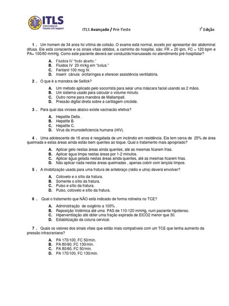 Itls Pré Teste Avançado Traduzido Pdf Choque Circulatório Medicina Clínica