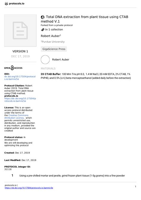 Pdf Total Dna Extraction From Plant Tissue Using Ctab Method V1