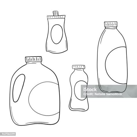 일러스트 레이 션의 흑백 세트 우유 우유 병 벡터 만화와 다양한 가벼운 플라스틱 용기 가득 찬에 대한 스톡 벡터 아트 및 기타 이미지 가득 찬 갤런 건강한 식생활
