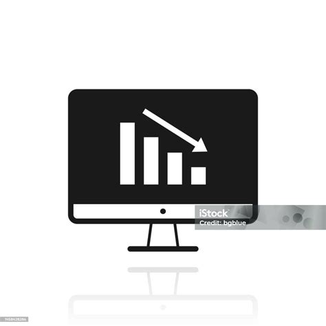 데스크톱 컴퓨터에서 감소하는 차트입니다 흰색 배경에 반사된 아이콘 감소에 대한 스톡 벡터 아트 및 기타 이미지 감소 개념