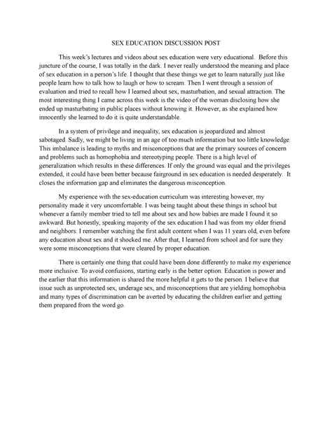 Assignment SEX EDUCATION DISCUSSION POST This Weeks Lectures And Videos About Sex