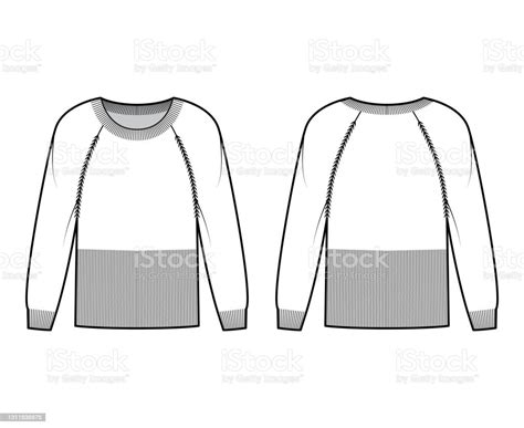 리브 라운드 넥 긴 라글란 슬리브 몸에 맞는 엉덩이 길이 트림이 있는 허리 스웨터 테크니컬 패션 일러스트 0명에 대한 스톡 벡터