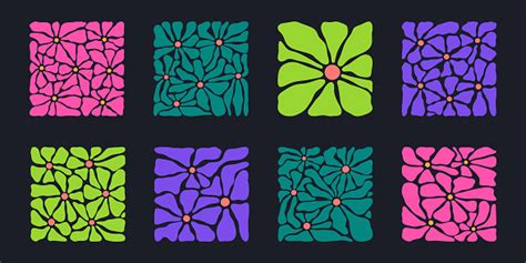 꽃은 사각형 모양입니다 현대 추상 꽃 디자인 요소 현대 사각형 모양의 피는 꽃 디자인 평면 벡터 일러스트 레이 션 세트 귀여운 식물 모양 개념에 대한 스톡 벡터 아트 및