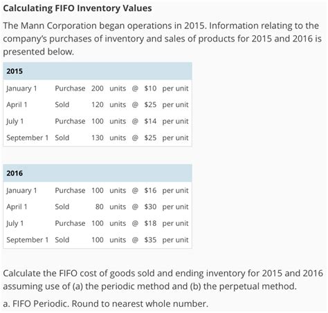 Solved Calculating FIFO Inventory Values The Mann Chegg Com