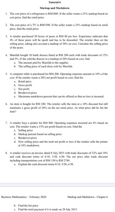 Solved Tutorial Markup And Markdown 1 The Cost Price Of A