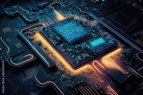 Cyberspace Design Chip Processor Board And Branch Connections Futuristic Technology On Golden