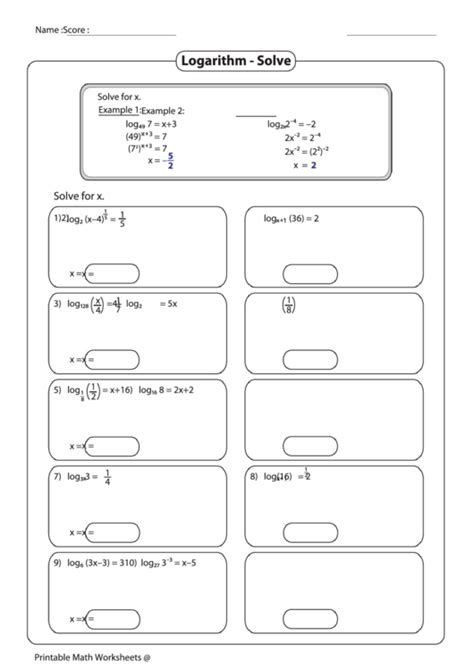 Logarithm Worksheet Printable Pdf Download