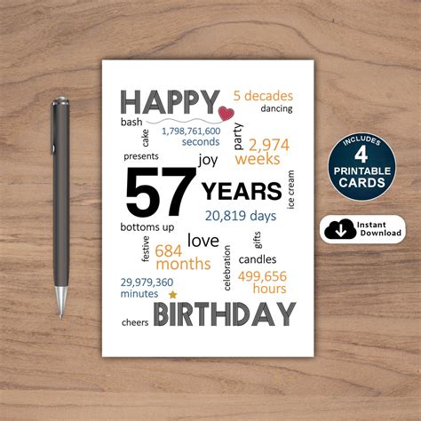 57th Birthday Card Card For 57th Birthday Printable 57th Birthday