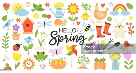 귀여운 봄 요소 세트 안녕하세요 봄 레터링입니다 포스터와 인사말 카드를위한 봄 스티커 손으로 그린 벡터 그림입니다 봄에 대한 스톡 벡터 아트 및 기타 이미지 Istock