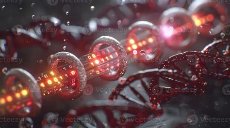 Abstract Representation Of Dna Structure Intertwined With Glowing Binary Code And Digital