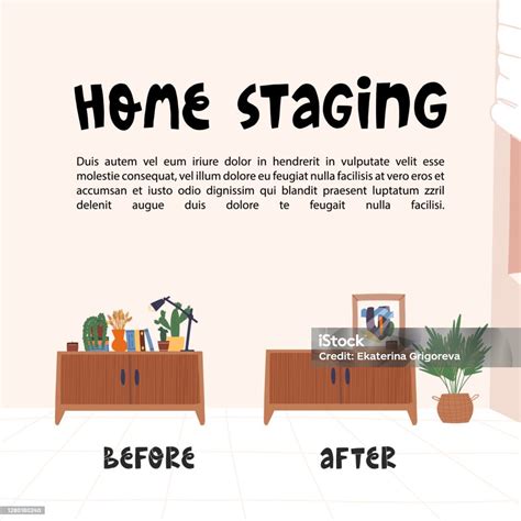 홈 스테이징 전후 예제 배너 템플릿입니다 왼쪽에 캐비닛은 꽃병 식물 책 그리고 오른쪽에 중립 예술 포스터 촛불 고리버들 바구니에 손바닥으로 어수선했다 가정 생활에 대한 스톡