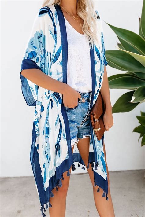 Marcie Bohemian Print Open Front Loose Kimono Beach Cover Up Blue Amber Millet