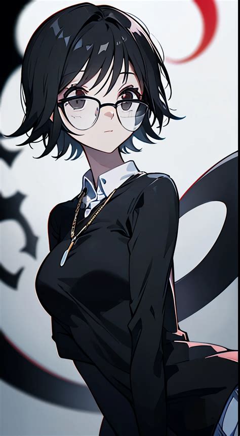 Anime Girl With Glasses And A Black Top Standing In Front Of A White